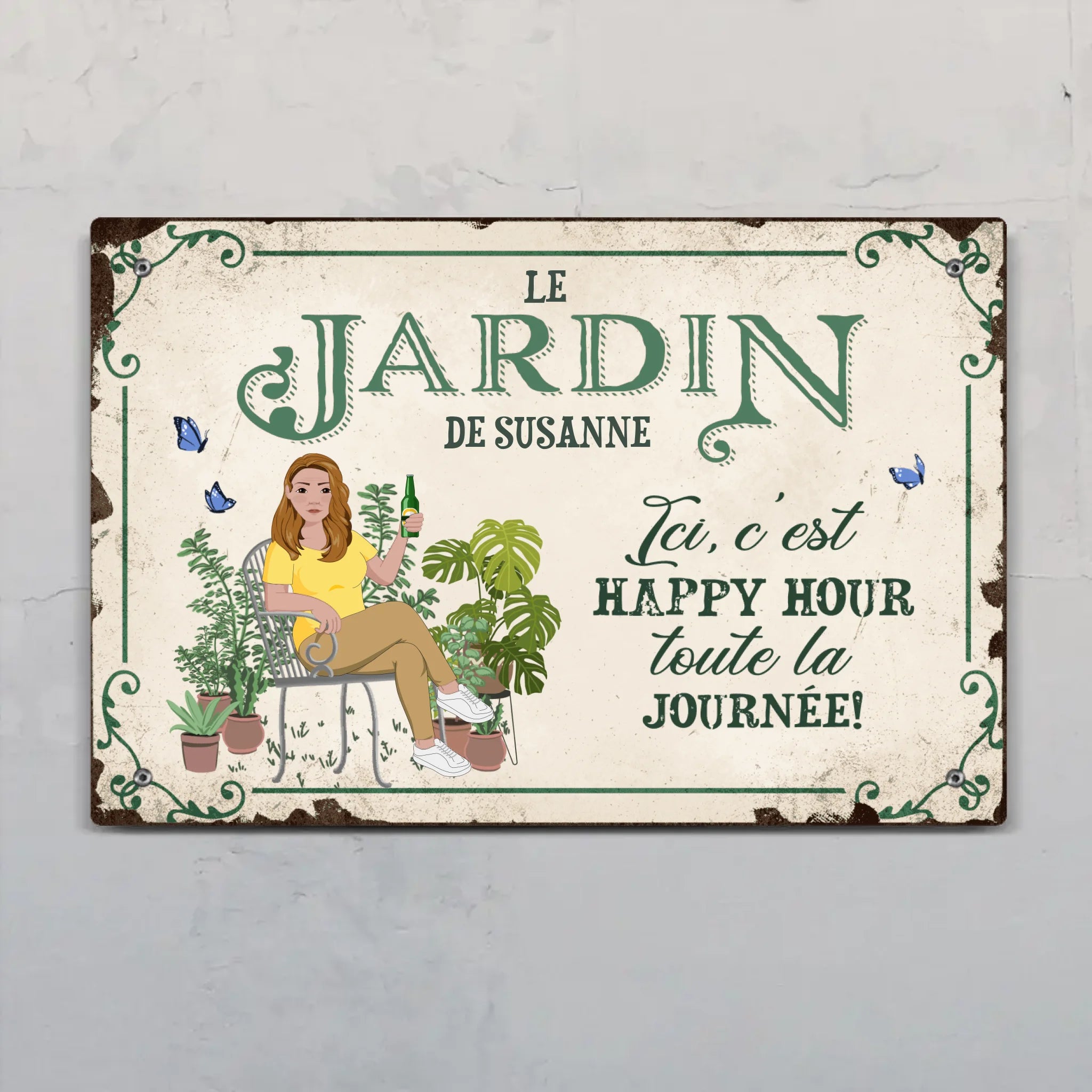 Plaque personnalisée pour jardin/balcon - "Happy hour toute la journée ...